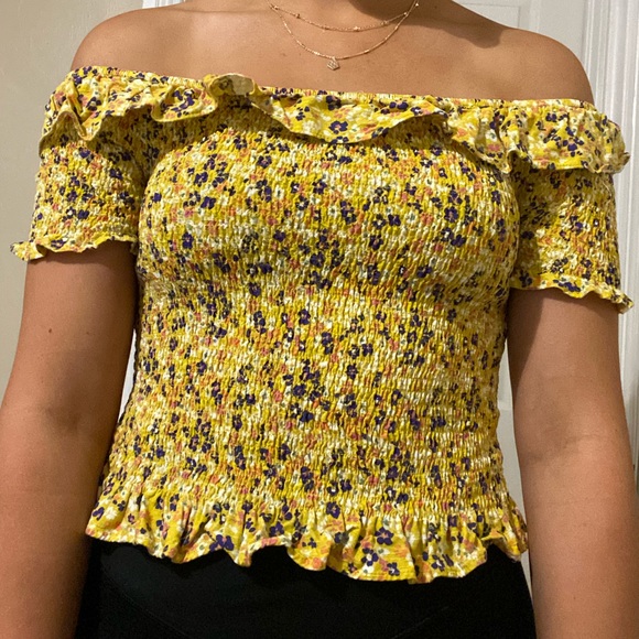 Tops | Yellow Floral Off The Shoulder Smoked Top | Poshmark